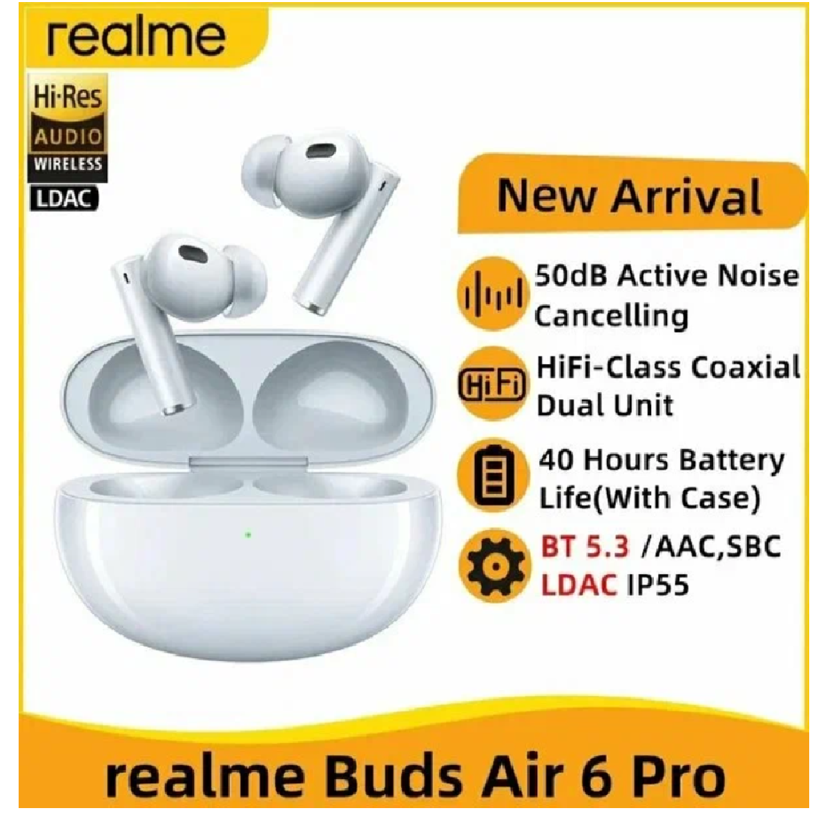 Беспроводные наушники Realme Buds Air 6 pro, (Azul) с кейсом, белое серебро