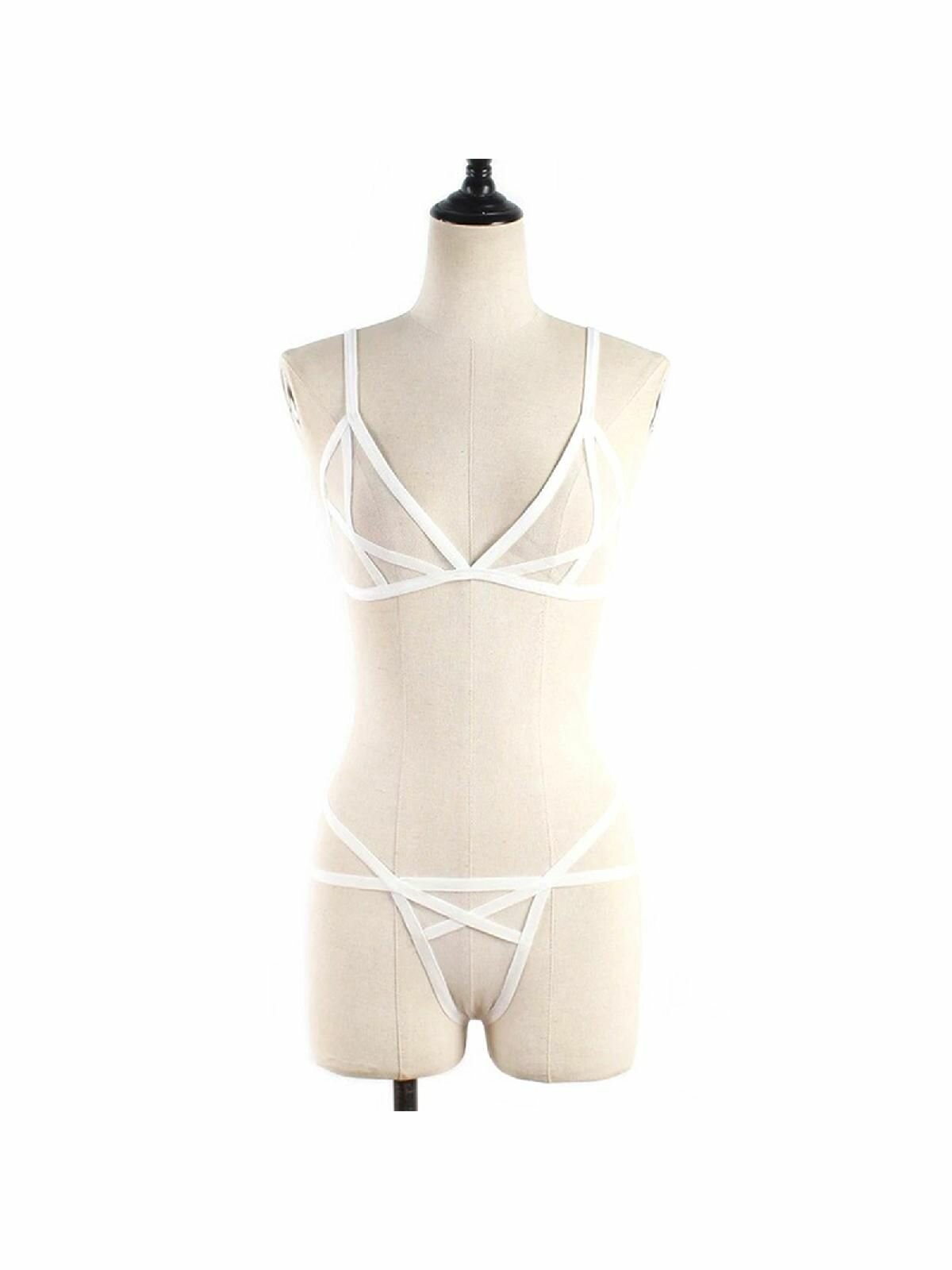 Прозрачный сетчатый комплект белья с push-up, Белый - XL