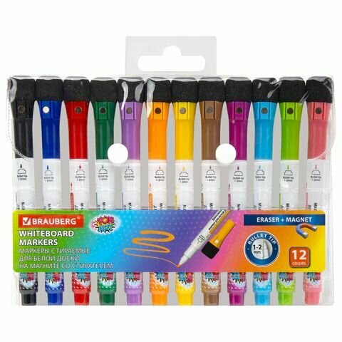 Маркеры на магните со стирателем для белой доски и планера, 12 цветов, BRAUBERG POP-ART, 1-2 мм, 152568