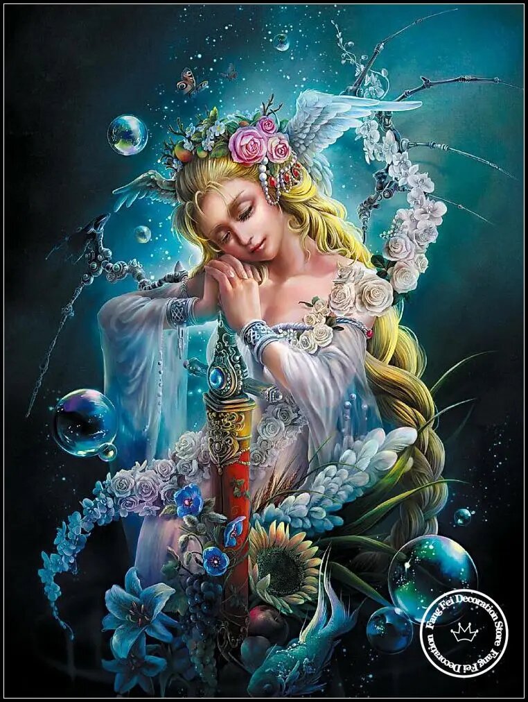 Алмазная мозаика на подрамнике "Русалочка Ангел" круглые бриллианты 40х50см