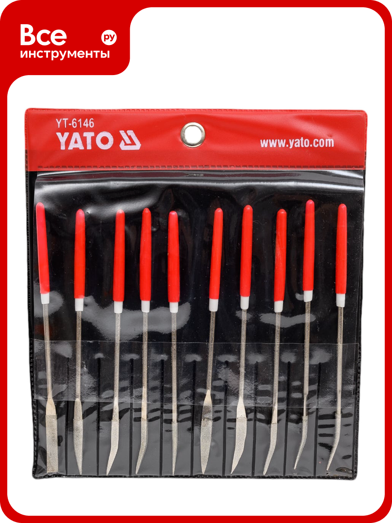 Алмазные надфили YATO в наборе 3x140x30мм 10 предметов YT-6146, резиновая рукоять, алмазное напыление