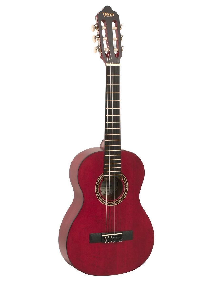 Valencia VC202TWR Гитара классическая 1/2, верхняя дека: ель, нижняя дека и обечайка: нато, гриф: махагони, накладка грифа и нижний порожек: махагони, колки: винтажные, никель, цвет Transparent Wine Red