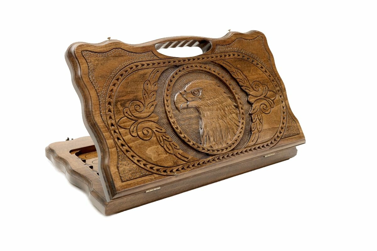 Нарды резные Орел с ручкой 40, Haleyan малые деревянные резаные из бука / 40х40 / армянские