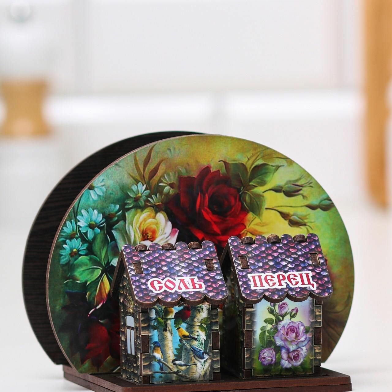 Набор для специй с салфетницей Красные и белые розы, 131010 см