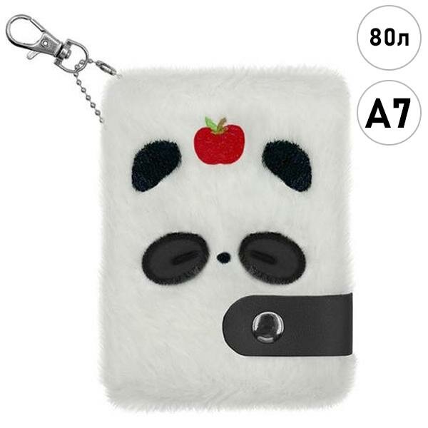 Блокнот на кнопке малый формат А7 искусственный мех 80л KWELT "Панда", брелок, 7*10см
