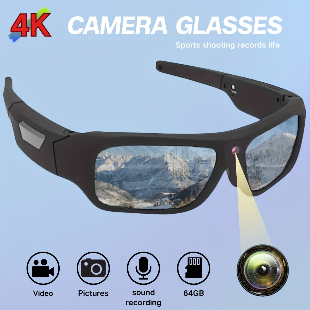 4K Glasses Camera with 64GB Storage Card, HD Video Glasses, Smart Sports Camera, Body Camera, Glasses Recorder, 2-hour Battery Life, Perfect for Riding Bicycles, Motorcycles, And Driving Cars