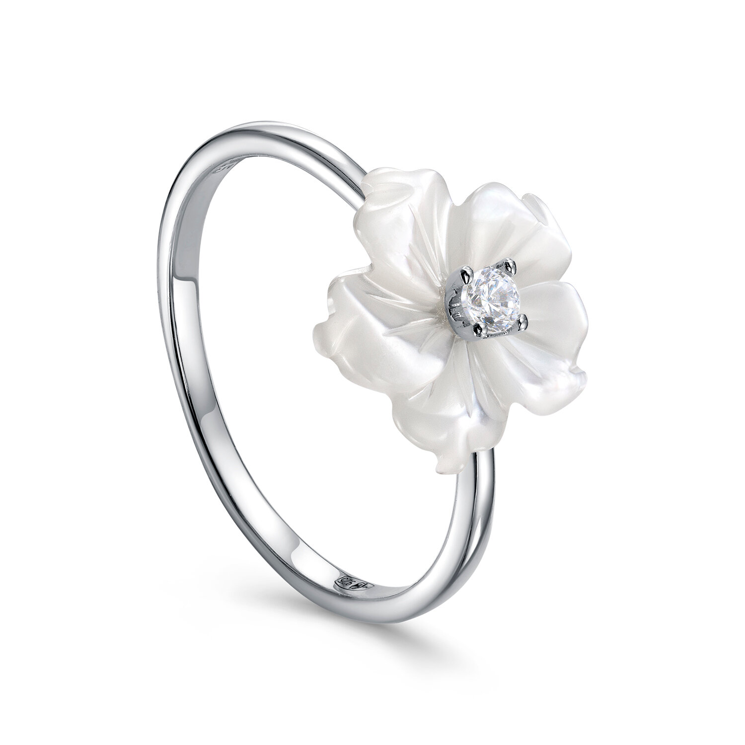 Кольцо тонкое, серебро, 925 проба, перламутр, фианит