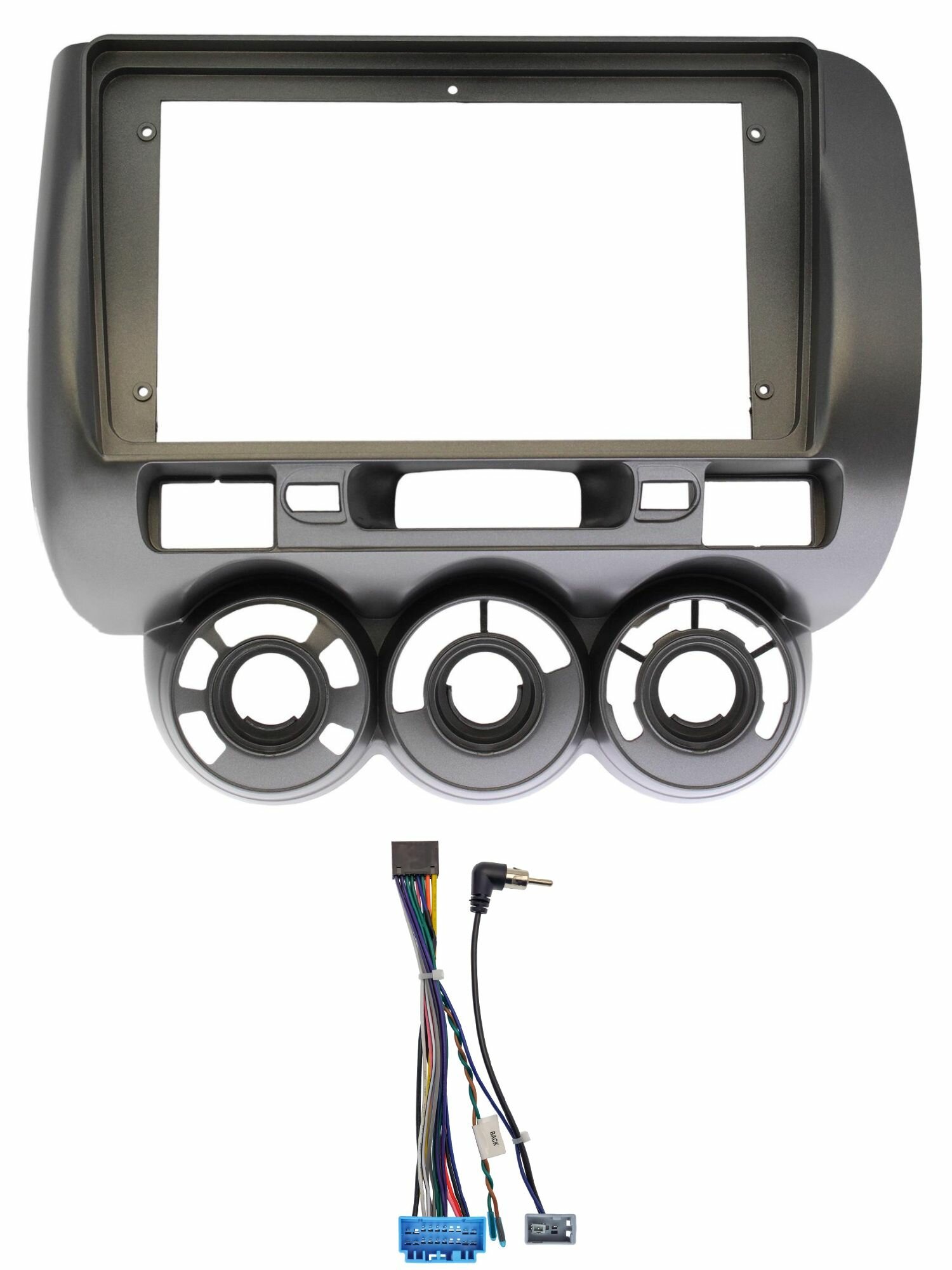 Рамка переходная Honda Fit, Jazz 2001 - 2007 правый руль + проводка для 9" магнитолы / Wide Media