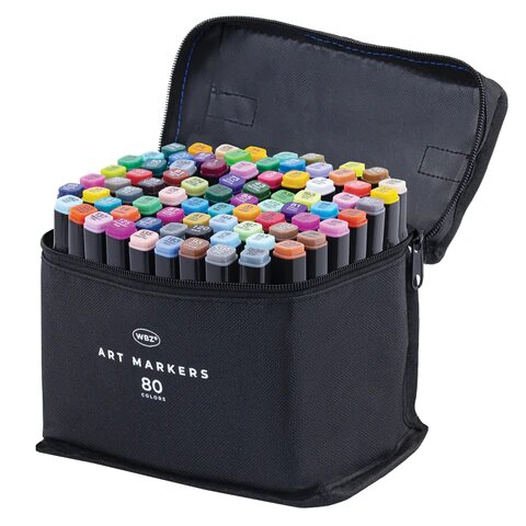 Маркеры для скетчинга двусторонние, набор 80 шт, текстильный чехол, WBZ, 152575