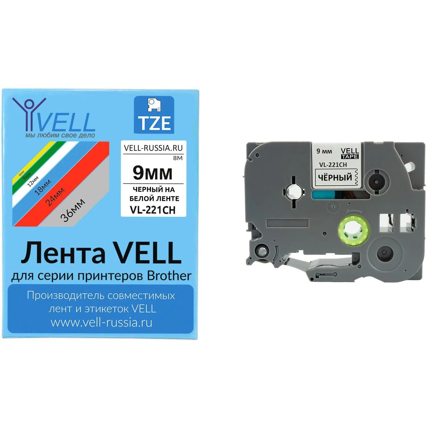 Картридж -лента Vell VL-221CH(с чип.9мм, чер. на бел.)для Puty {Vell-221CH