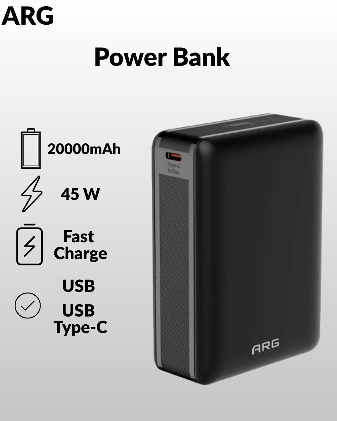 Повербанк ARG ARG20000TB20 20000 mah с быстрой зарядкой/внешний аккумулятор портативный, переносной, мощный, универсальный для телефона/смартфона, черный