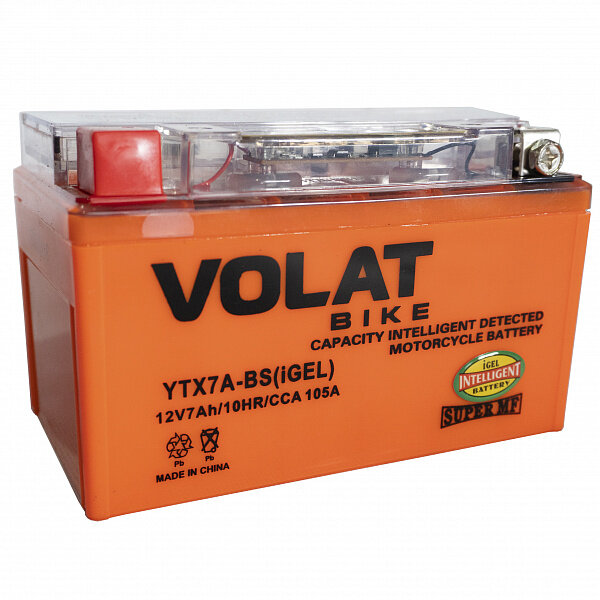 Аккумулятор мотоциклетный Volat 7Ah 105А YTX7A-BS ПП (iGEL) L+ (150x87x94) 150x87x94