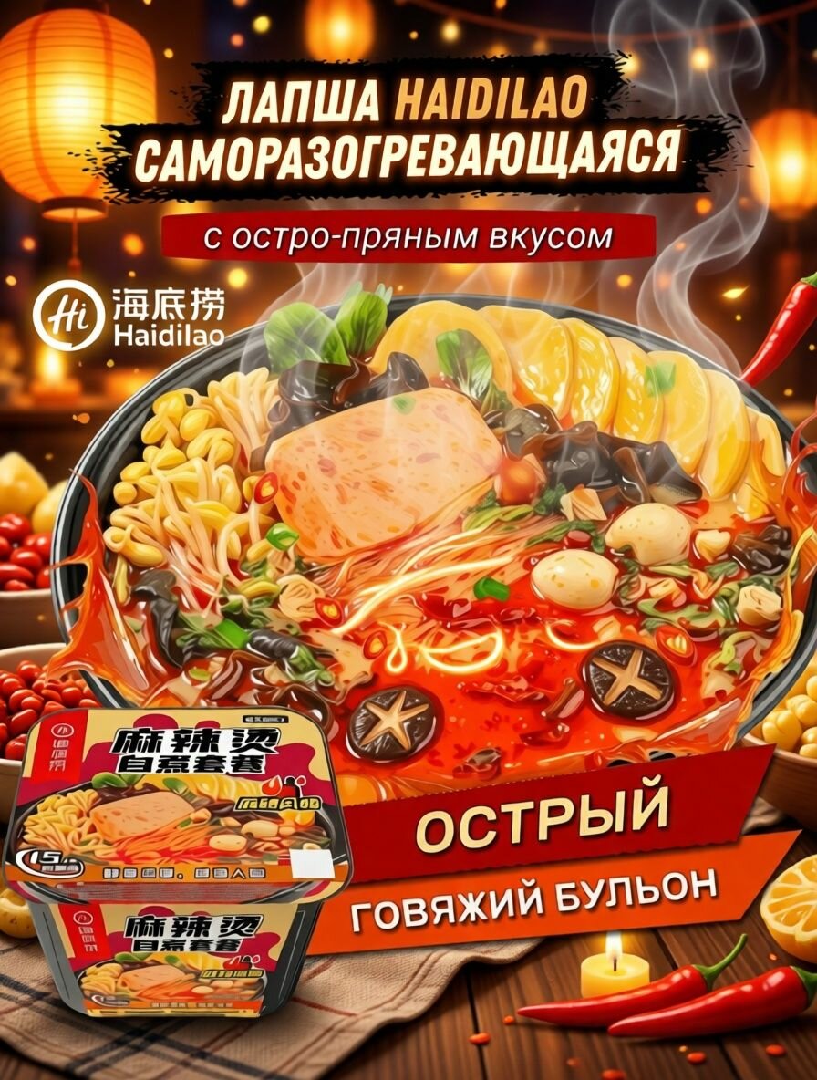 Саморазогревающаяся лапша Hot Pot с остро-пряным вкусом и говяжьим бульоном 271гр
