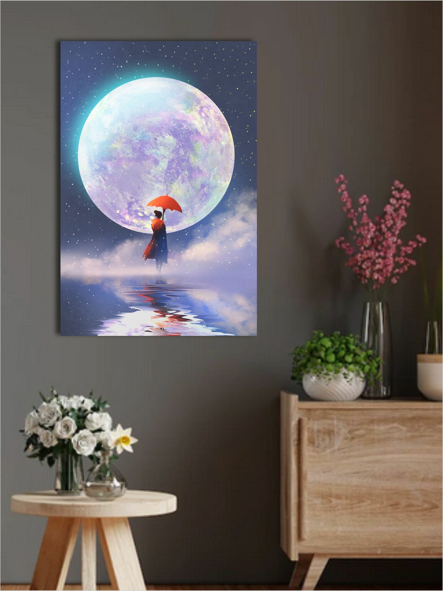 Картина для интерьера на стену фэнтези. Девушка с красным зонтом 50х70 см на холсте на подрамнике