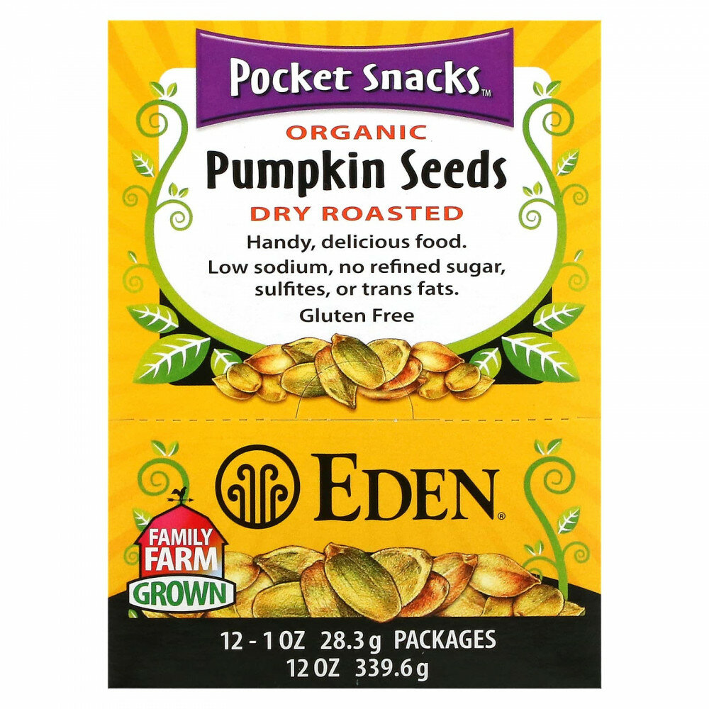 Eden Foods, Card Snacks™, органические семена тыквы, сухой обжарки, 12 пакетиков по 28,3 г (1 унция)