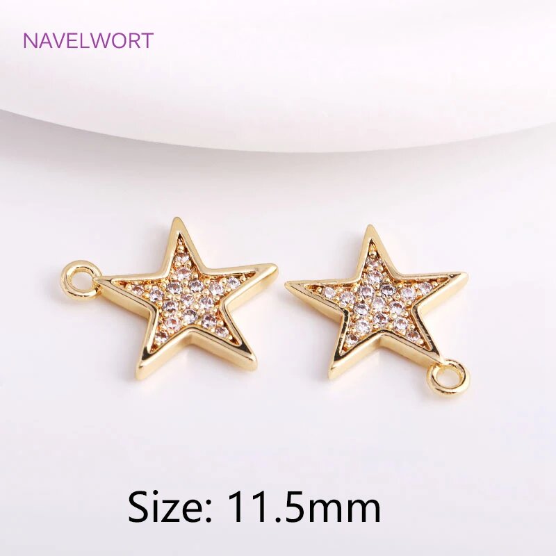Подвески пентаграммы из латуни с позолотой 14K, с цирконом, 11,5 мм, 2 pieces, 14K gold plated star