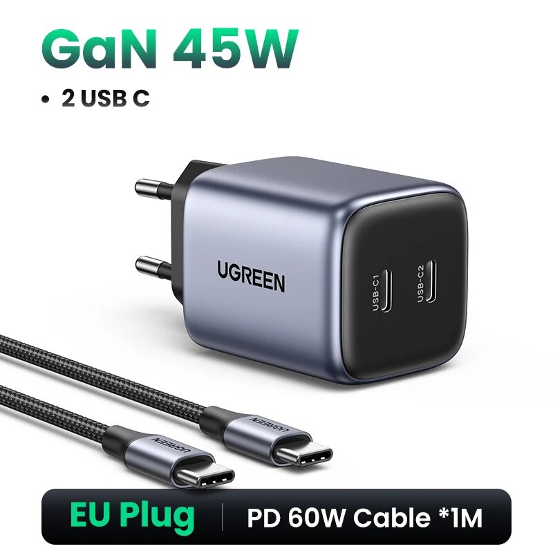 Зарядное устройство UGREEN GaN 45W EU, 2 USB-C, кабель PD 60W