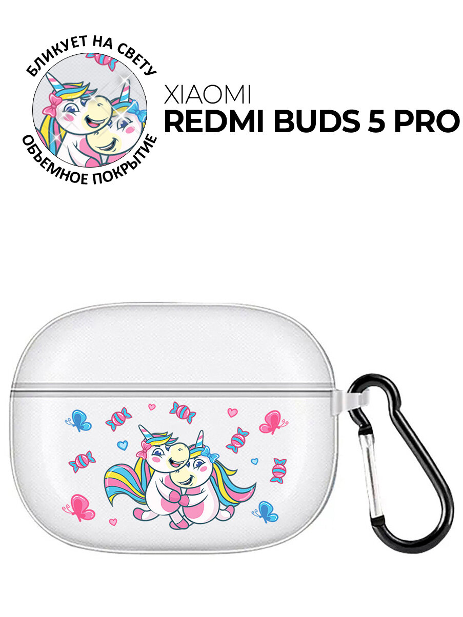 Чехол на Xiaomi Redmi Buds 5 Pro с принтом "Единорог и конфеты" прозрачный