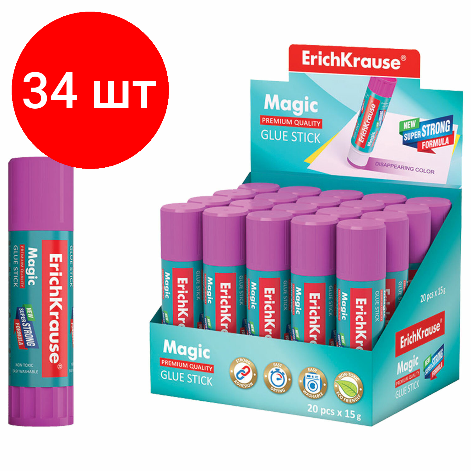 Комплект 34 шт, Клей-карандаш ERICH KRAUSE "Magic", 15 г, обесцвечивающийся после высыхания, 4446