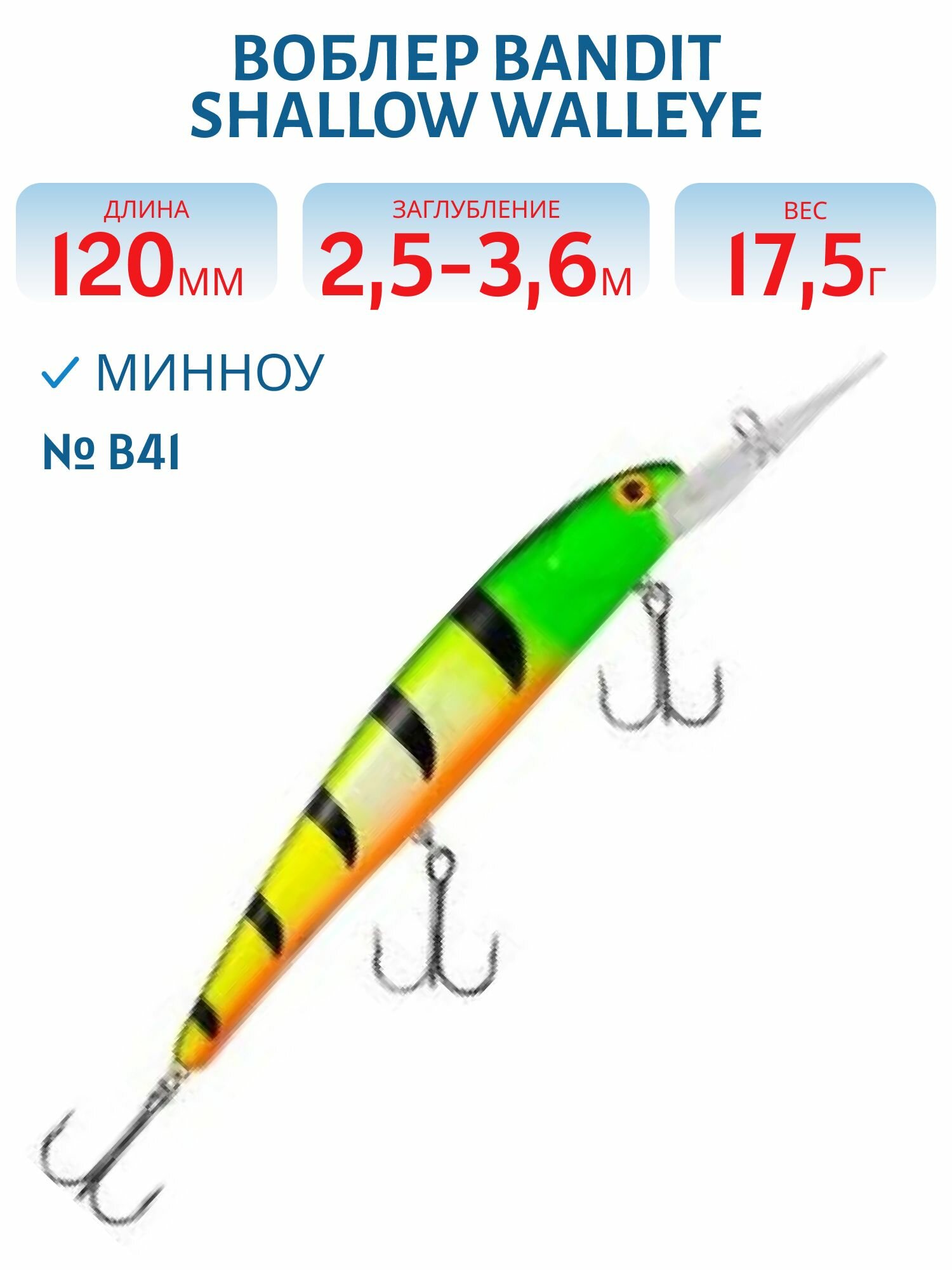 Воблер BANDIT SHALLOW WALLEYE, 120 мм, 17,5 гр, цвет B41