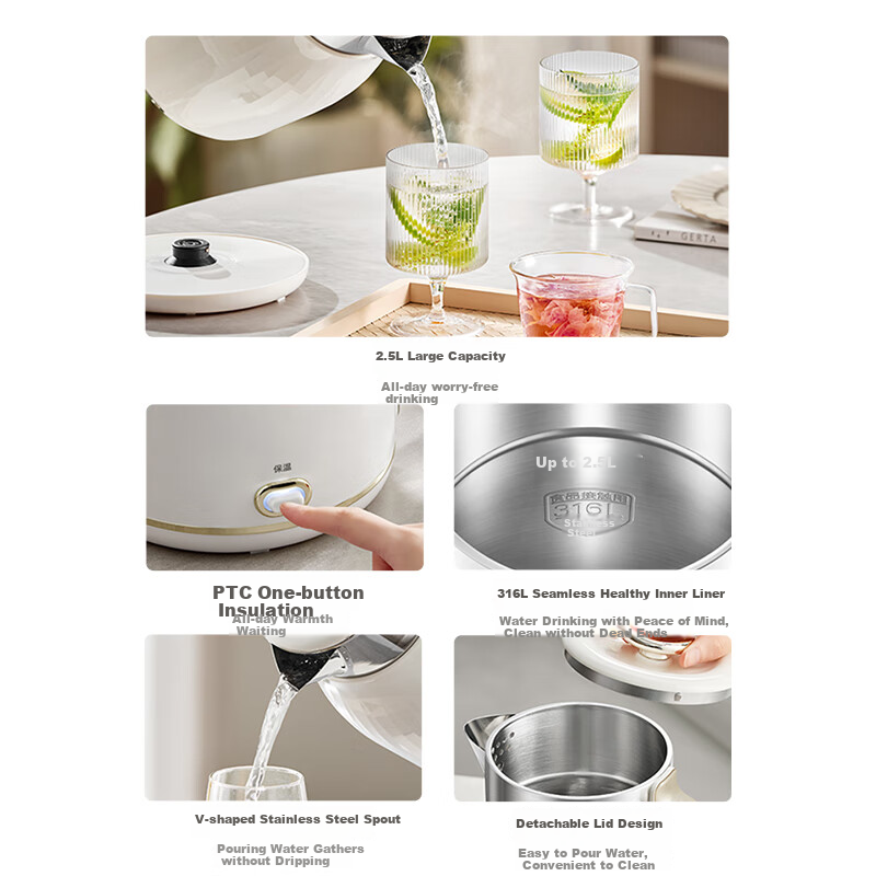 SUPOR Electric Kettle 2.5L Large Capacity Household Constant Temperature Electric Hot Water Kettle 316L Stainless Steel Boiling Water Kettle SW-25T02P