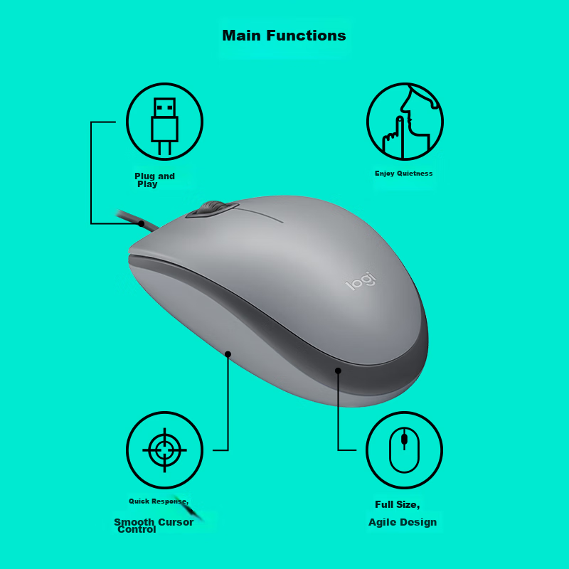 Logitech M111 Wired Silent Mouse, Plug And Play, Gray