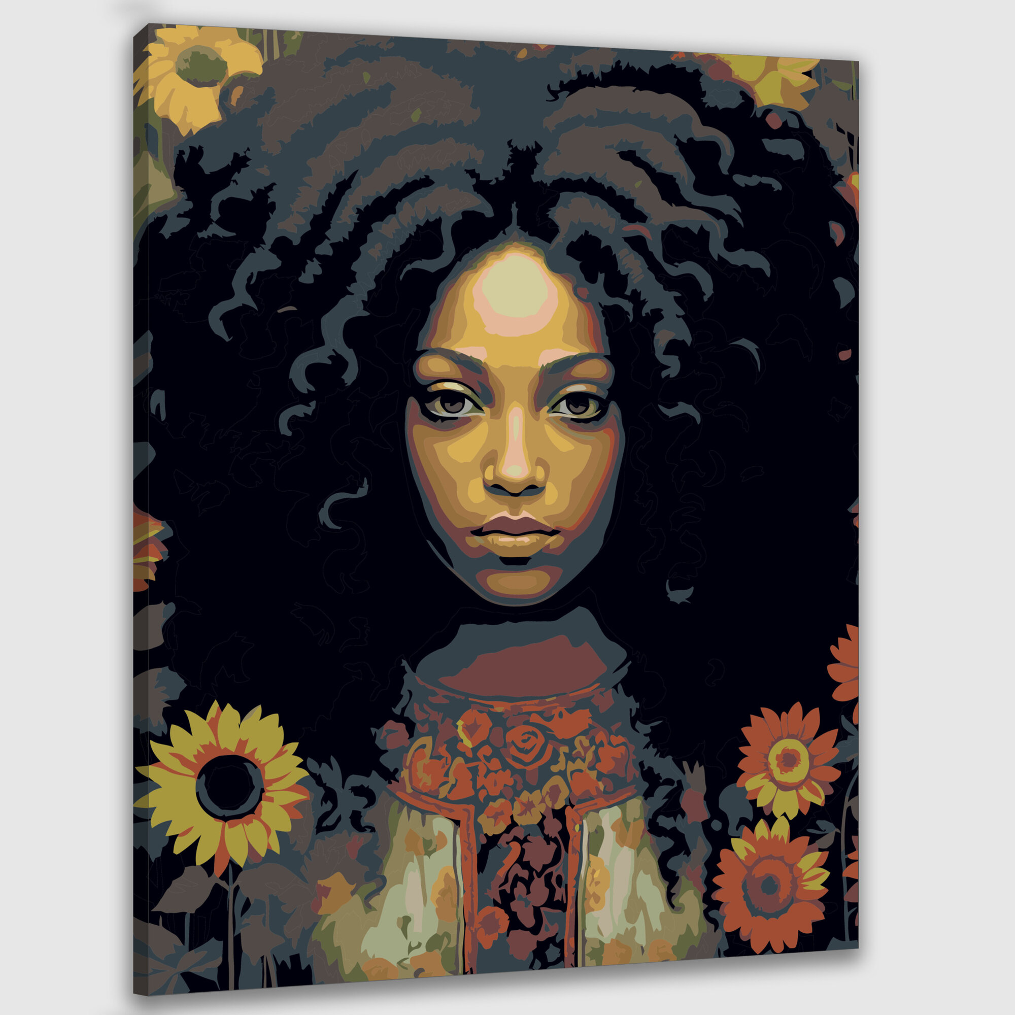 Картина по номерам 40x50 см, картина, масло, девушка, цветы, волосы, лицо, таинственность, самоанализ, поле, подсолнухи