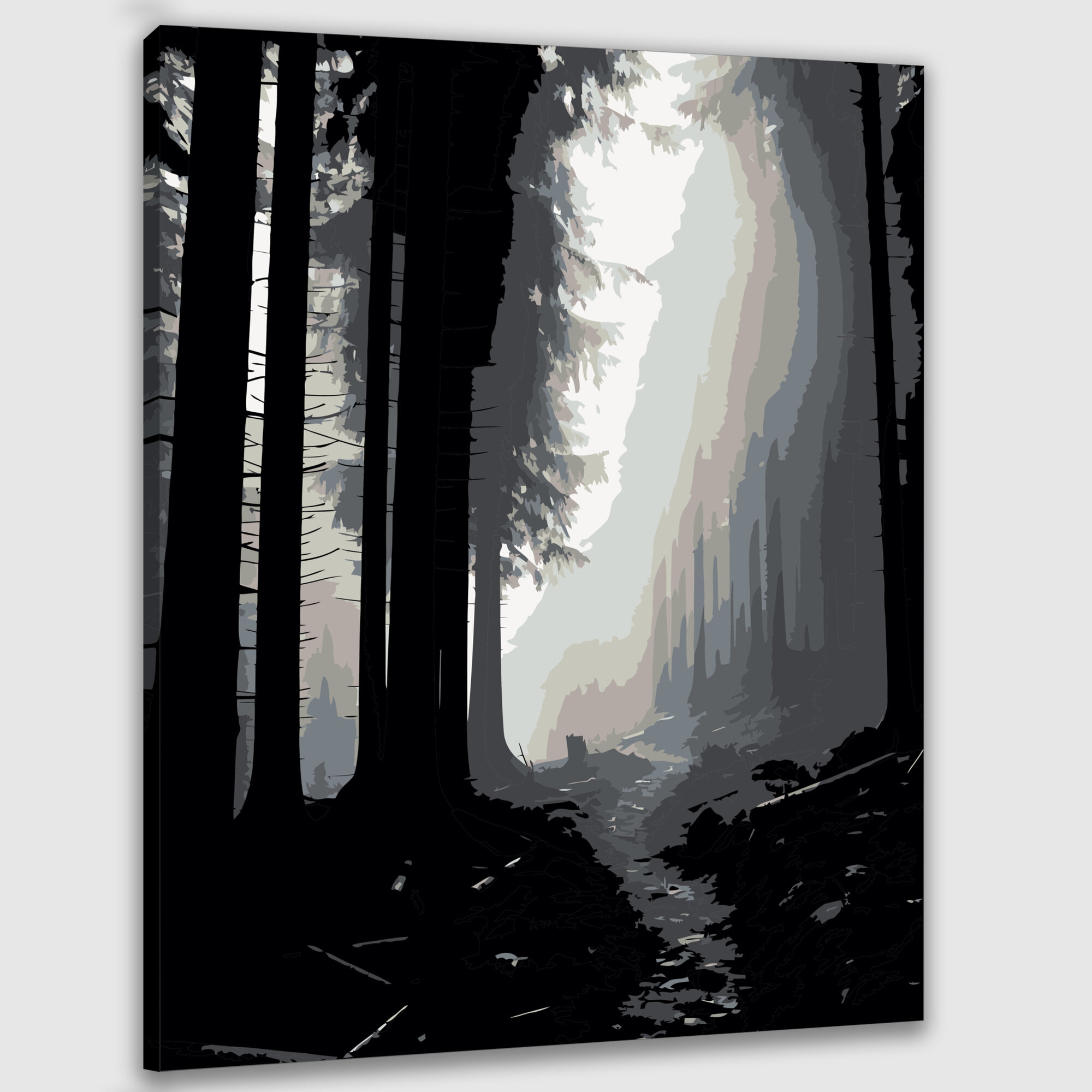 Картина по номерам 40x50 см, черно-белая фотография, таинственный лес, сумерки, туман, тень, густой лес, глубина