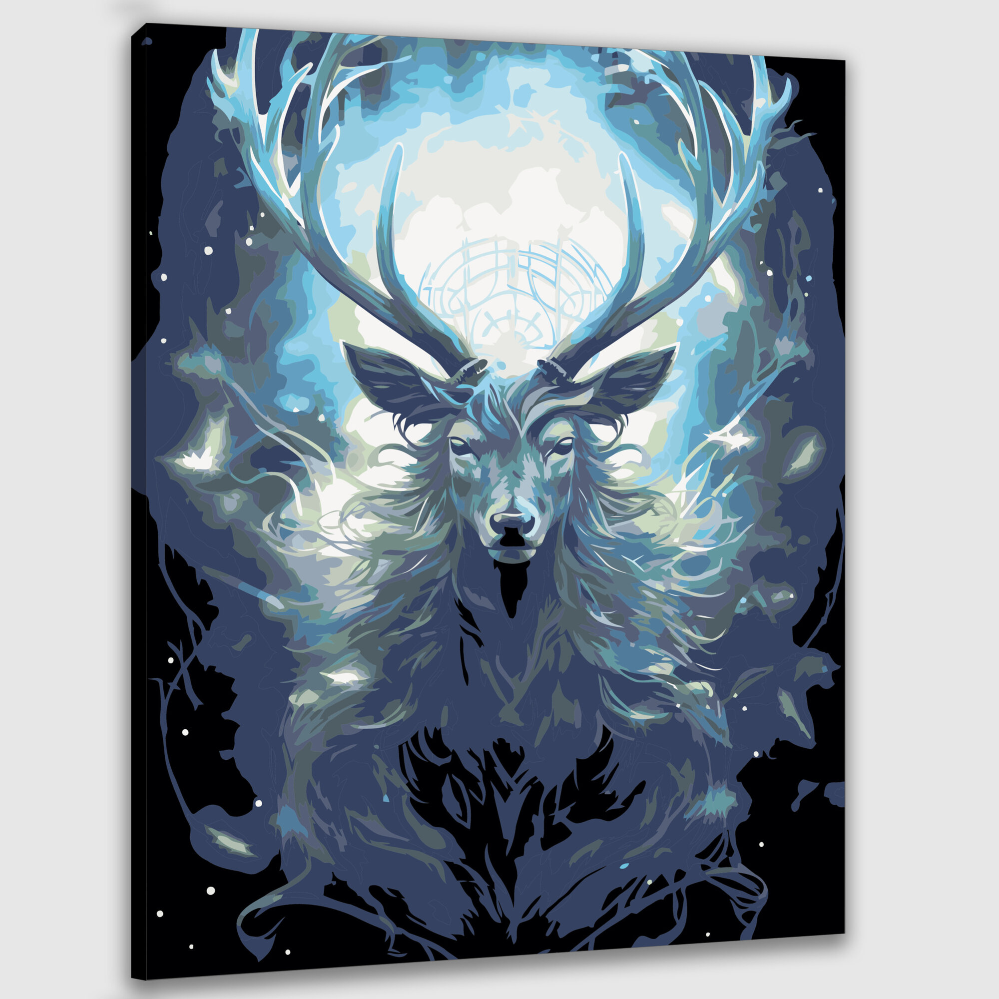 Картина по номерам 40x50 см, мистический олень, величественные рога, яркий орнамент, светящийся, лунная ночь, снежинки