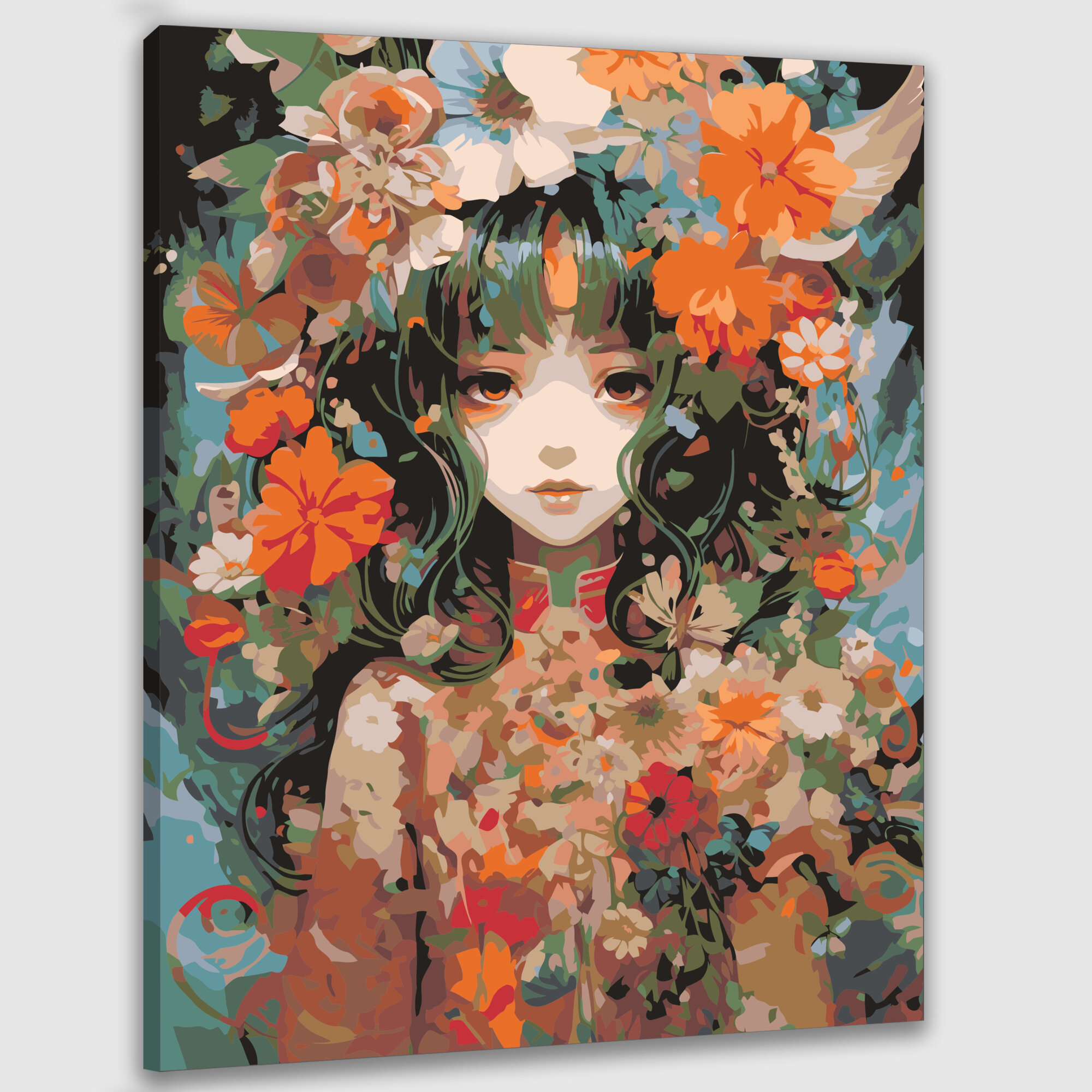 Картина по номерам 40x50 см, девушка, аниме, цветочные элементы, платье, цветочные узоры, окружение, орхидеи, фон