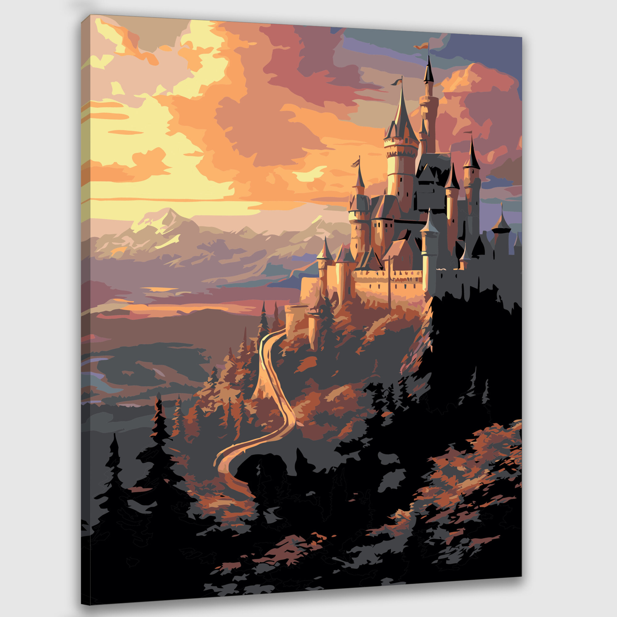 Картина по номерам 40x50 см, замок, башни, флаги, холмы, заходящее солнце, величие, ветерок, цифровое изображение