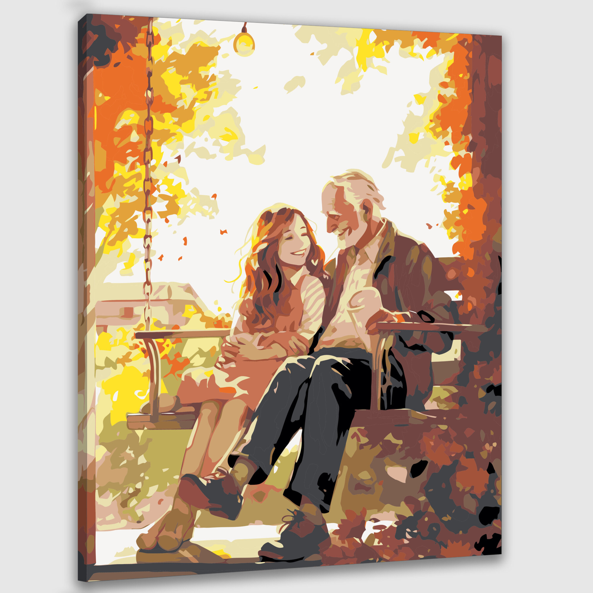 Картина по номерам 40x50 см, акварельная иллюстрация, молодая девушка, пожилый дедушка, качели, веранда, солнце, свет