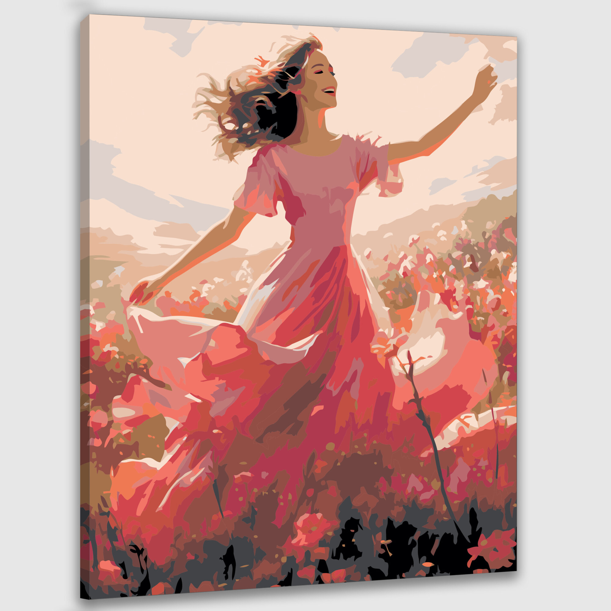 Картина по номерам 40x50 см, женщина, платье, розовое, танец, луг, солнце, цветы, полевые