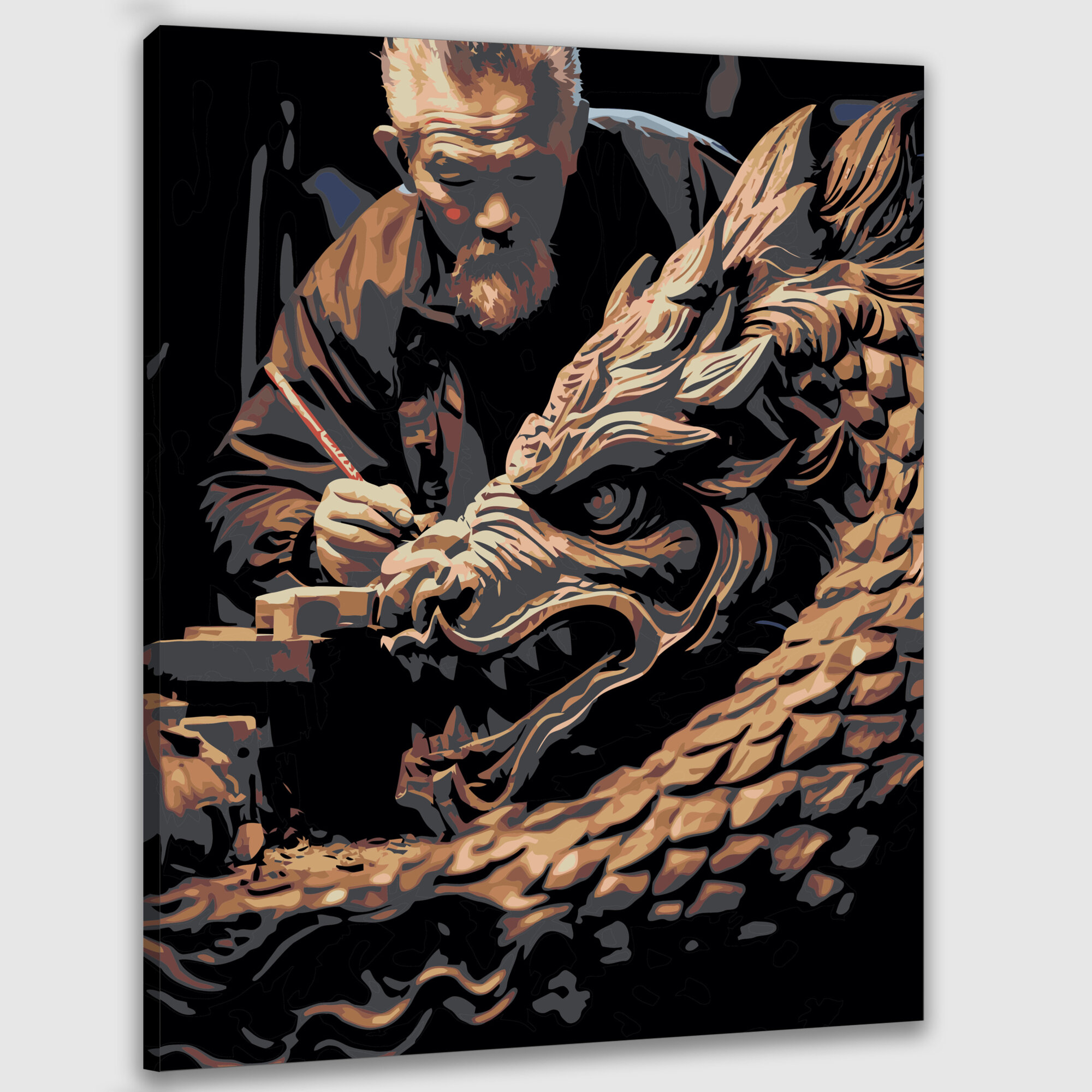 Картина по номерам 40x50 см, цифровая иллюстрация, мастер, деревянный дракон, чешуя, глаза, сила, грация