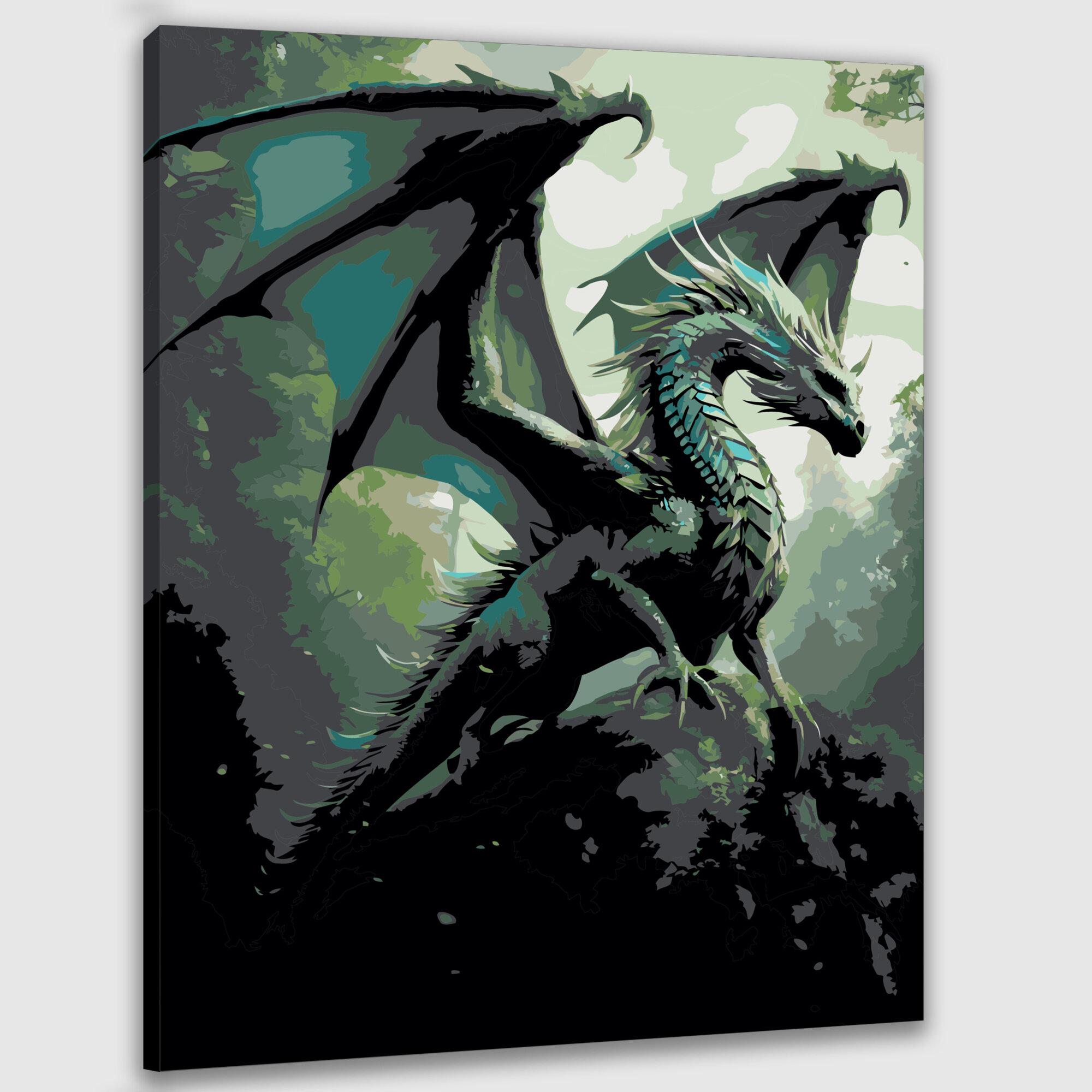 Картина по номерам 40x50 см, мистический дракон, зеленый, парящий, густой лес, изумрудная чешуя, яркая зеленая листва