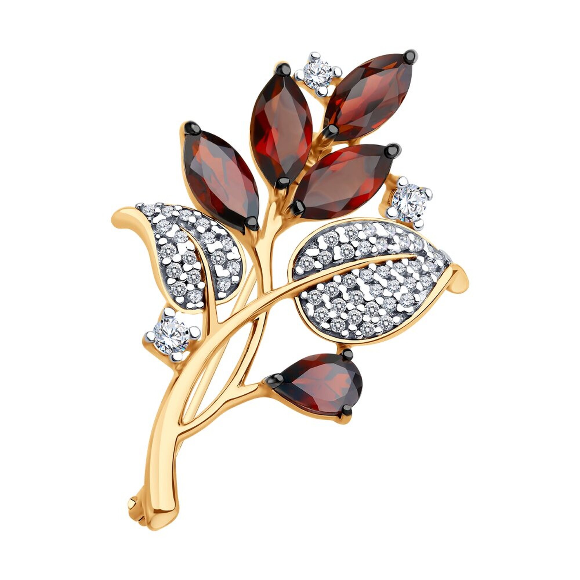 Брошь, серебро, 925 проба, золочение, гранат, фианит