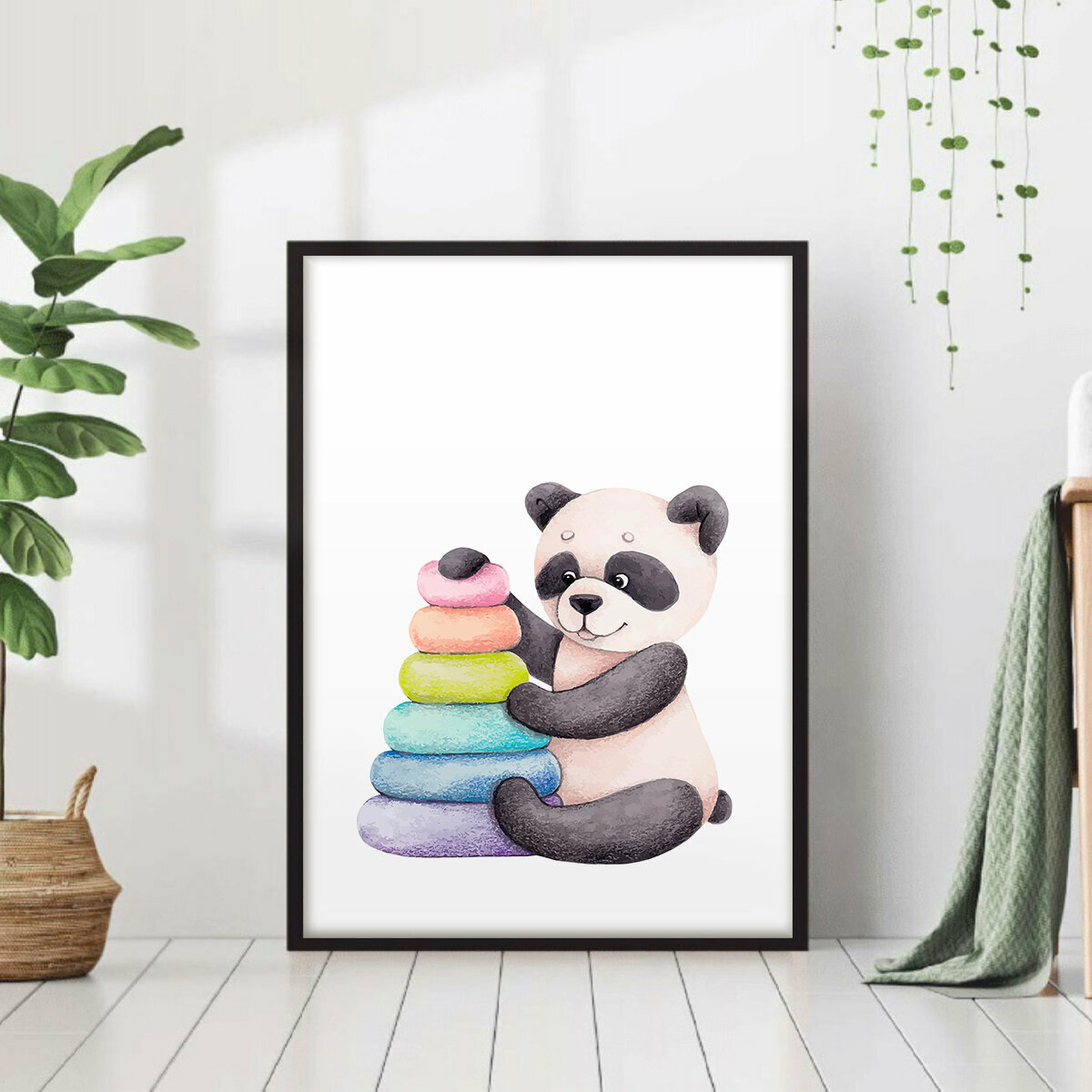 Постер "Панда с пирамидкой для детской" в черной рамке 40x50 см для интерьера на стену
