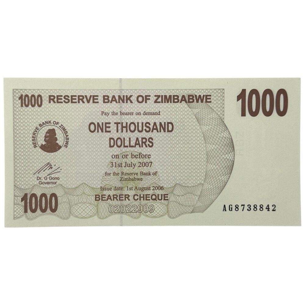 Зимбабве, чек на 1000 долларов 2006 г. (Серия AG)
