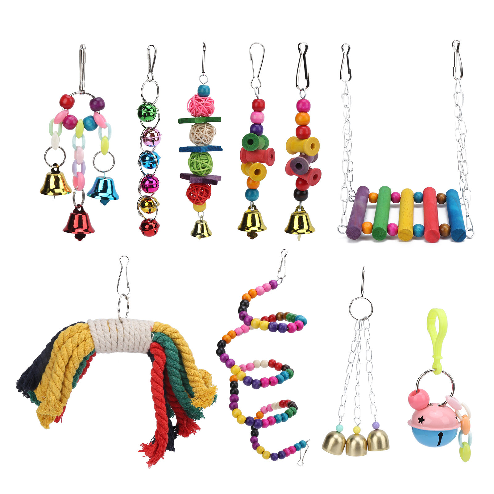 Птицы качаются игрушка натуральное дерево, висящее жевательные игрушки с окунь с колокольчиками деревянные бусинки