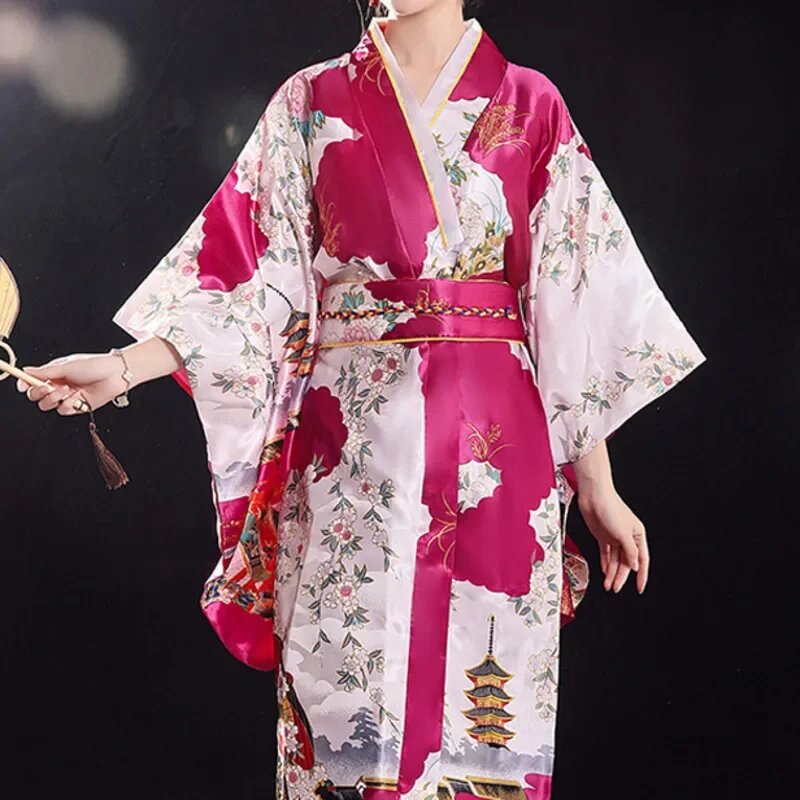 Женское шелковое кимоно с цветочным принтом Красный, Роза Красная