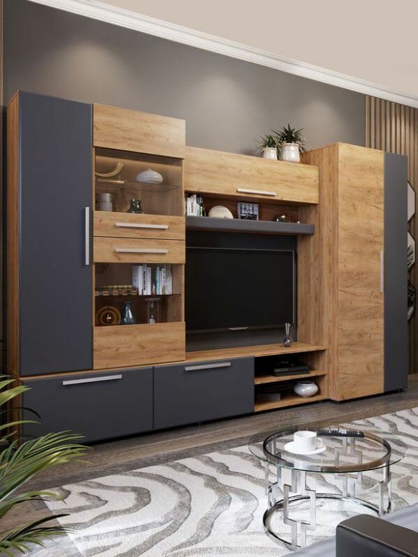 Гостиная комплект Сафари, тумба под телевизор, полка, шкафы, 300х51х200 см, Дуб Крафт золотой / Графит Софт