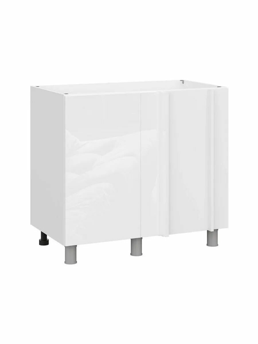 Кухонный модуль напольный, угловой стол под мойку Стрэйт с доводчиками, с полками, 90х50.8х82.4 см, Белый / Белый глянец