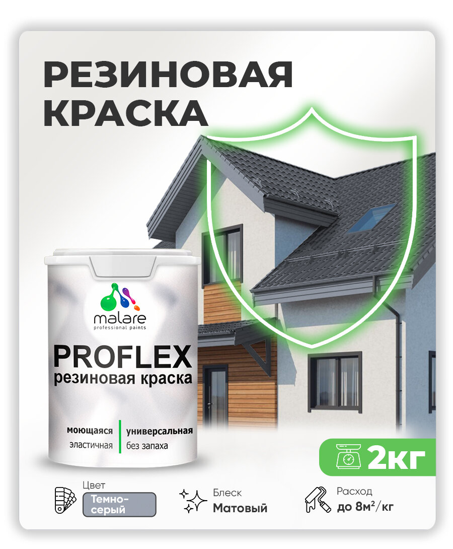 Краска резиновая Malare ProfleX жидкая резина для наружных и внутренних работ, быстросохнущая моющаяся, матовая, темно-серый, 2 кг
