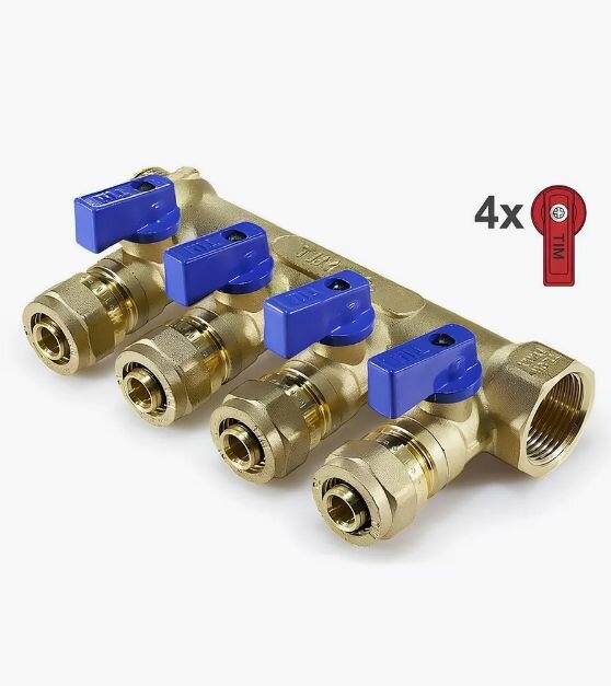 Коллектор 1'x16 с шаровыми кранами и цангами 4 отвода под трубу 16 мм TIM 200-1(4)-16