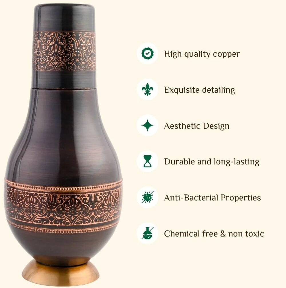 Медный кувшин - графин со стаканом и винтовой пробкой для настаивания медной воды Винтаж с узором 1000 мл