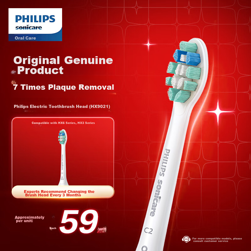 Philips Electric Toothbrush Head, 7x Plaque Removal, Plaque Cleaning Type, 1 Pack, HX9021, Compatible with Diamond 3 Series HX6 Series HX3 Series HX51 Series