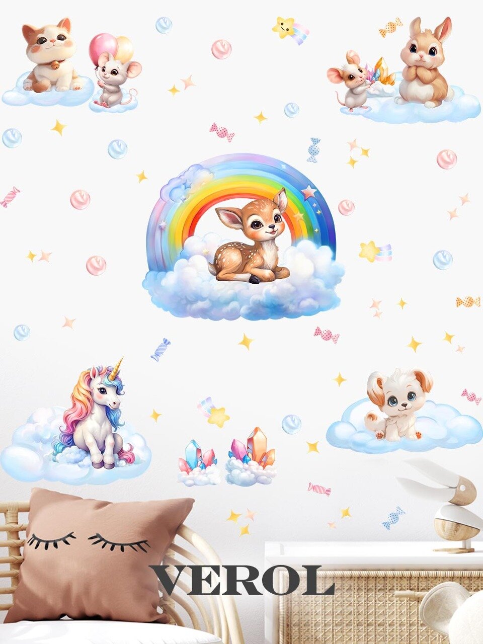 Интерьерные наклейки на стену детские VEROL "Радуга и животные" виниловые