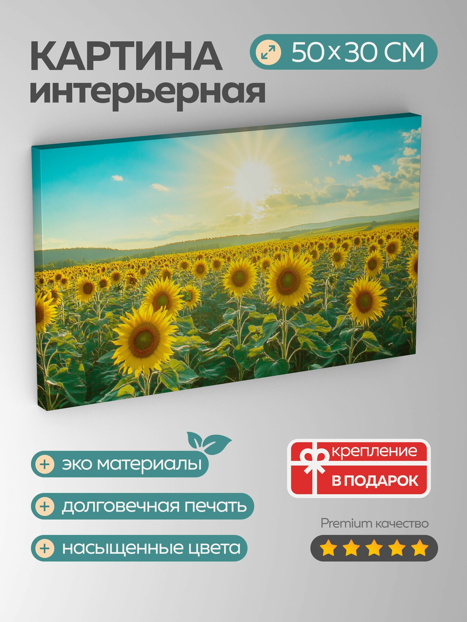 Картина на холсте интерьерная 50х30 см, картина, масло, поле подсолнечника, желтый, зеленый, подсолнухи, голубое небо