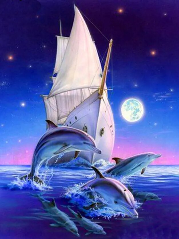 5D DIY Алмазная картина Дельфин Море Луна Полная круглая Алмазная мозаика Животное Алмазная вышивка Комплект Стразы Домашнее Искусство Украшения