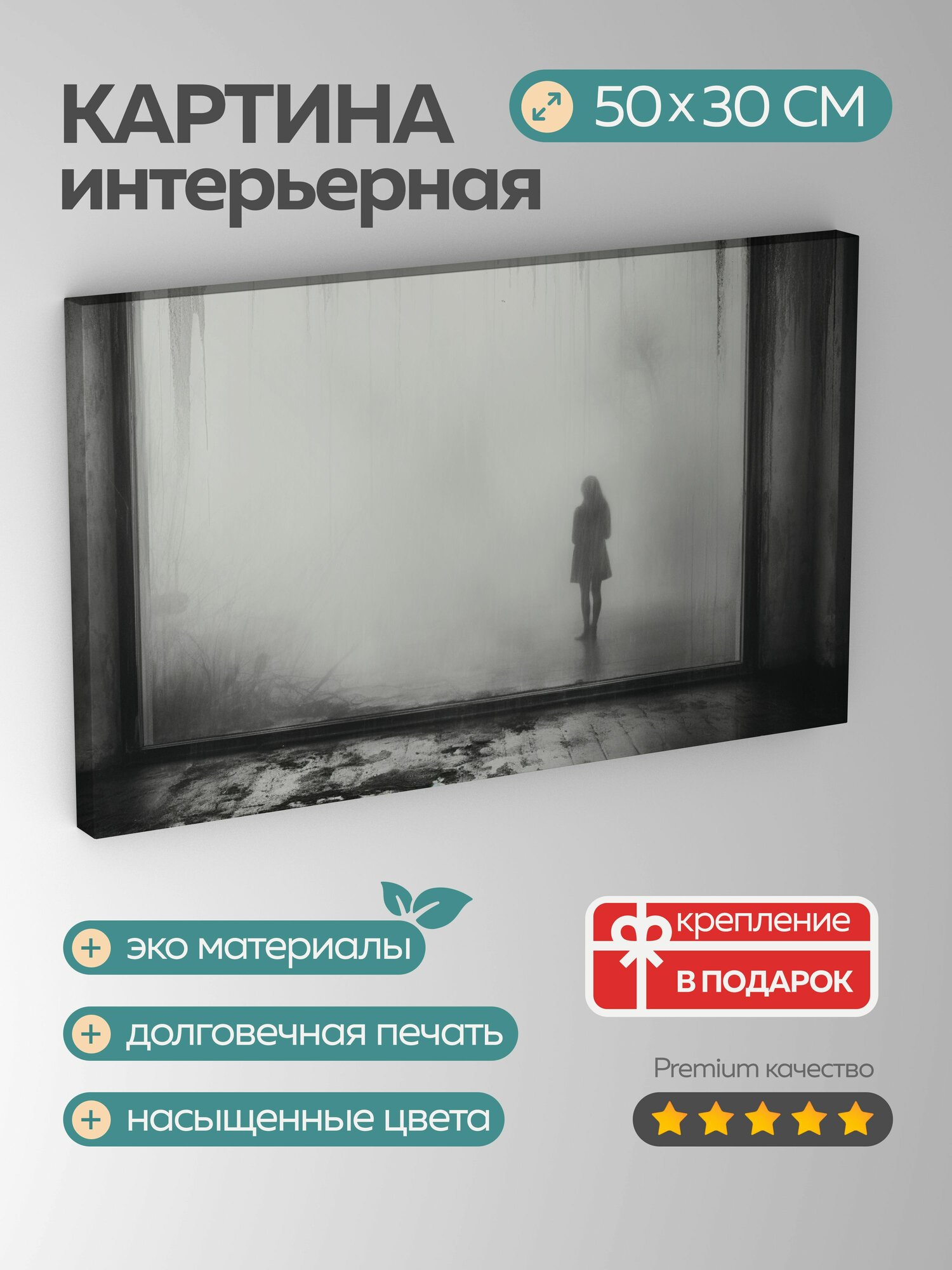 Картина на холсте интерьерная 50х30 см, черно-белая фотография, отражение, одинокая фигура, стекло, конденсат